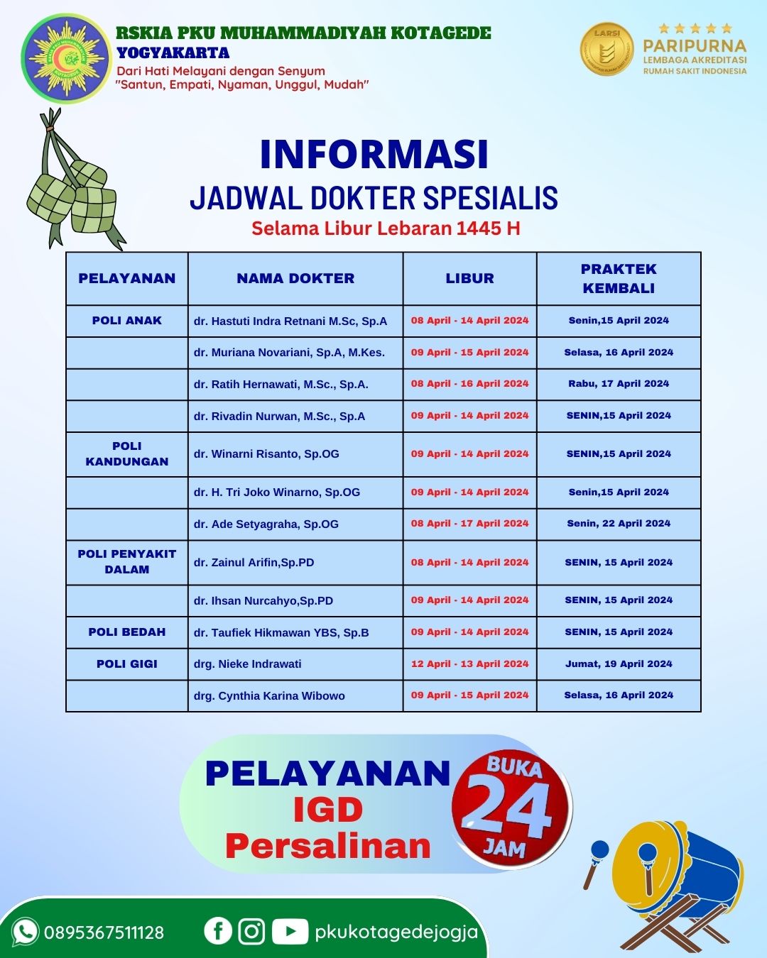INFORMASI JADWAL PRAKTEK DOKTER SPESIALIS Selama Libur Lebaran 1445H – RS. PKU Kotagede
